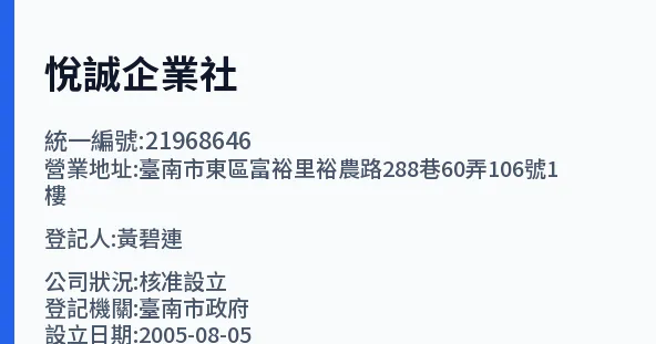 悅誠企業社的照片-統編 21968646(臺南市) 公司登記資料與營業項目詳細圖表