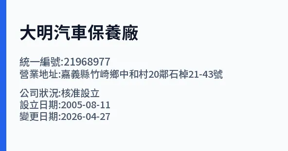 大明汽車保養廠的照片-統編 21968977(嘉義縣) 公司登記資料與營業項目詳細圖表