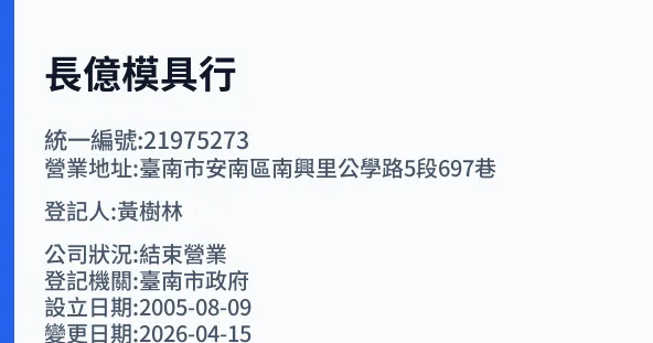 長億模具行的照片-統編 21975273(臺南市) 公司登記資料與營業項目詳細圖表