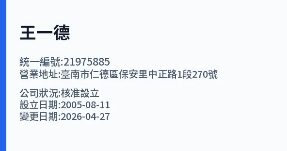王一德的照片-統編 21975885(臺南市) 公司登記資料與營業項目詳細圖表