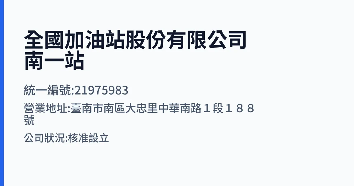 全國加油站股份有限公司南一站 - 統編 21975983(臺南市) 公司登記資料與營業項目詳細圖表