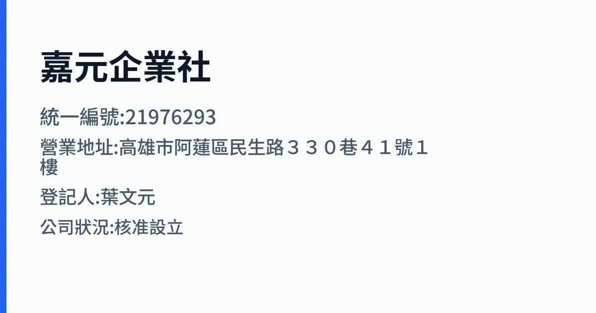 嘉元企業社 - 統編 21976293(高雄市) 公司登記資料與營業項目詳細圖表
