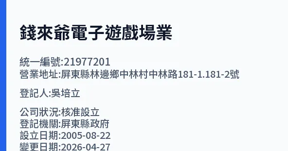 錢來爺電子遊戲場業的照片-統編 21977201(屏東縣) 公司登記資料與營業項目詳細圖表