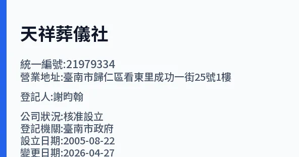 天祥葬儀社的照片-統編 21979334(臺南市) 公司登記資料與營業項目詳細圖表