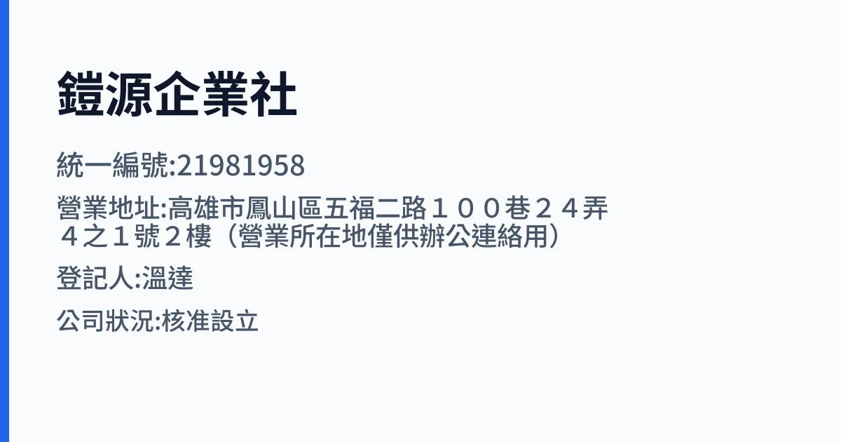 鎧源企業社 - 統編 21981958(高雄市) 公司登記資料與營業項目詳細圖表