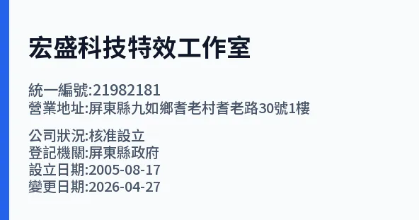 宏盛科技特效工作室的照片-統編 21982181(屏東縣) 公司登記資料與營業項目詳細圖表