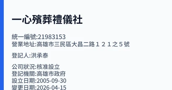 一心殯葬禮儀社的照片-統編 21983153(高雄市) 公司登記資料與營業項目詳細圖表