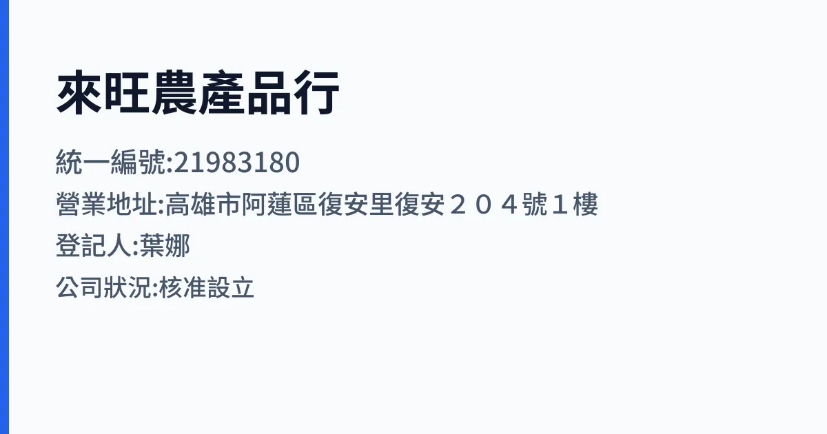 來旺農產品行 - 統編 21983180(高雄市) 公司登記資料與營業項目詳細圖表