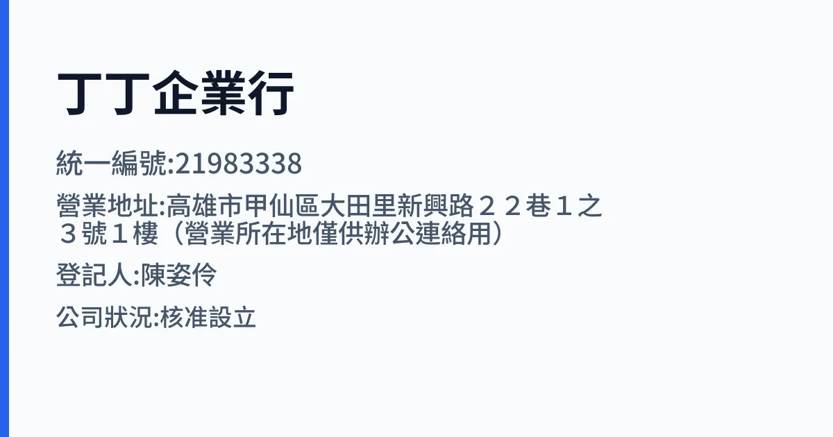 丁丁企業行 - 統編 21983338(高雄市) 公司登記資料與營業項目詳細圖表