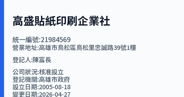 高盛貼紙印刷企業社的照片-統編 21984569(高雄市) 公司登記資料與營業項目詳細圖表