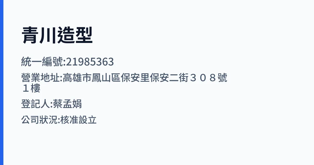 青川造型 - 統編 21985363(高雄市) 公司登記資料與營業項目詳細圖表