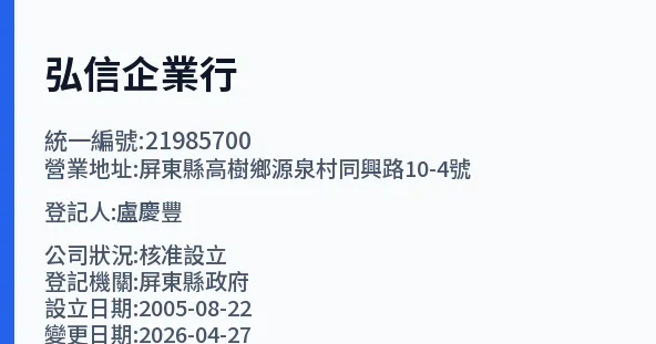 弘信企業行的照片-統編 21985700(屏東縣) 公司登記資料與營業項目詳細圖表