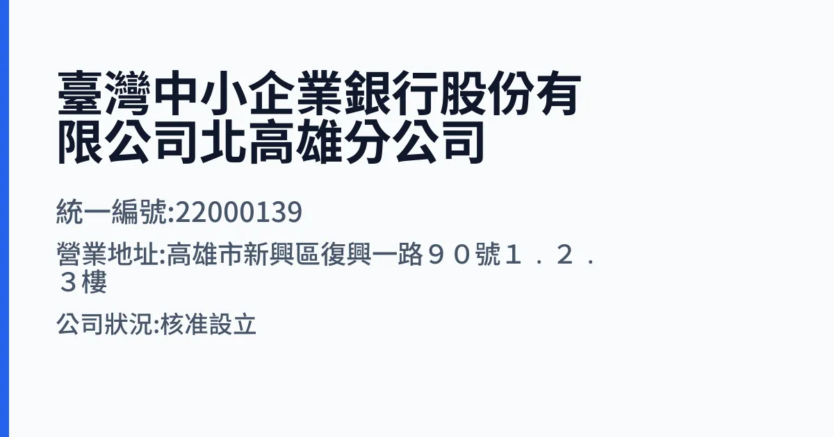 臺灣中小企業銀行股份有限公司北高雄分公司 - 統編 22000139(高雄市) 公司登記資料與營業項目詳細圖表
