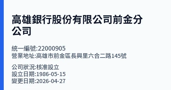 高雄銀行股份有限公司前金分公司的照片-統編 22000905(高雄市) 公司登記資料與營業項目詳細圖表