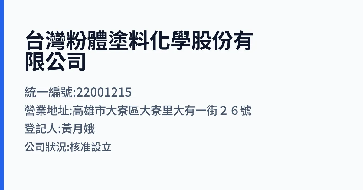 台灣粉體塗料化學股份有限公司 - 統編 22001215（高雄市） 公司登記資料與營業項目詳細圖表