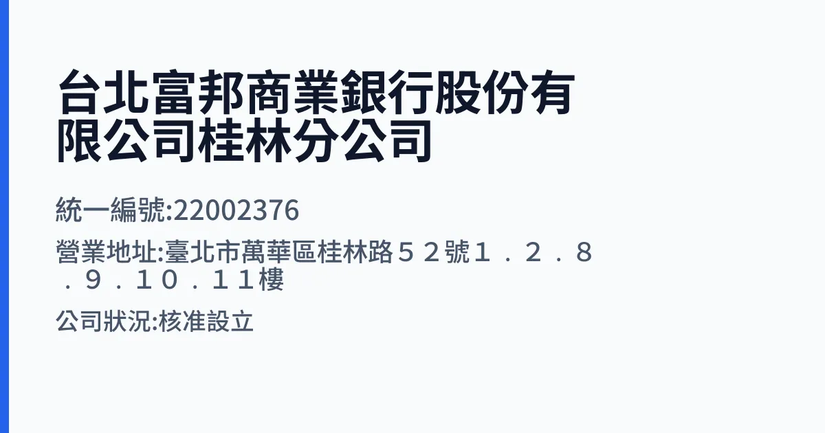台北富邦商業銀行股份有限公司桂林分公司 - 統編 22002376(臺北市) 公司登記資料與營業項目詳細圖表