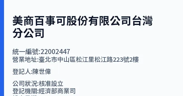 美商百事可股份有限公司台灣分公司的照片-統編 22002447(臺北市) 公司登記資料與營業項目詳細圖表