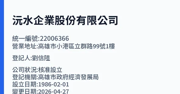 沅水企業股份有限公司的照片-統編 22006366(高雄市) 公司登記資料與營業項目詳細圖表