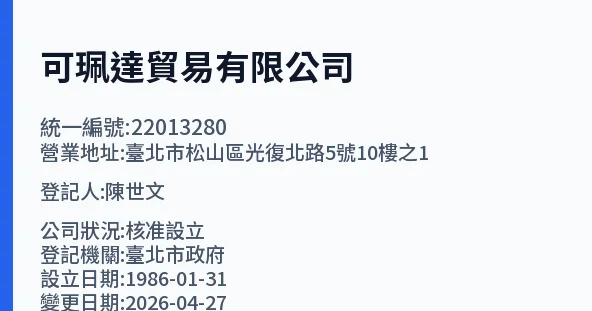可珮達貿易有限公司的照片-統編 22013280(臺北市) 公司登記資料與營業項目詳細圖表