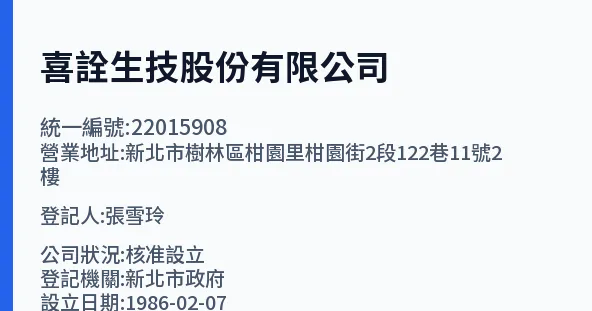 喜詮生技股份有限公司的照片-統編 22015908(新北市) 公司登記資料與營業項目詳細圖表
