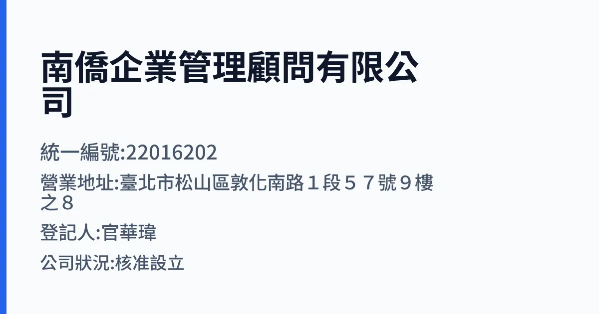 南僑企業管理顧問有限公司 - 統編 22016202(臺北市) 公司登記資料與營業項目詳細圖表