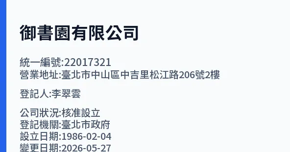 御書園有限公司的照片-統編 22017321(臺北市) 公司登記資料與營業項目詳細圖表