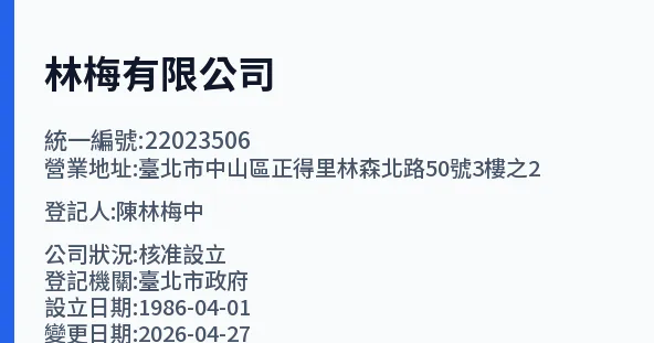 林梅有限公司的照片-統編 22023506(臺北市) 公司登記資料與營業項目詳細圖表