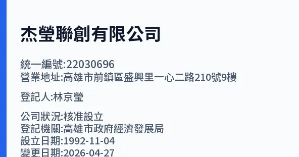杰瑩聯創有限公司的照片-統編 22030696(高雄市) 公司登記資料與營業項目詳細圖表