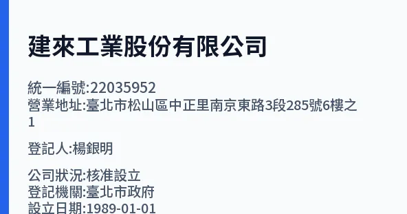 建來工業股份有限公司的照片-統編 22035952(臺北市) 公司登記資料與營業項目詳細圖表