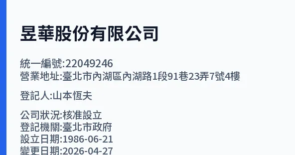 昱華股份有限公司的照片-統編 22049246(臺北市) 公司登記資料與營業項目詳細圖表