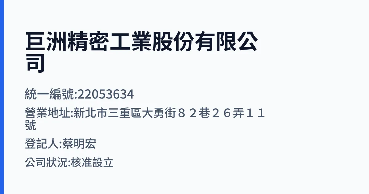 巨洲精密工業股份有限公司 - 統編 22053634(新北市) 公司登記資料與營業項目詳細圖表