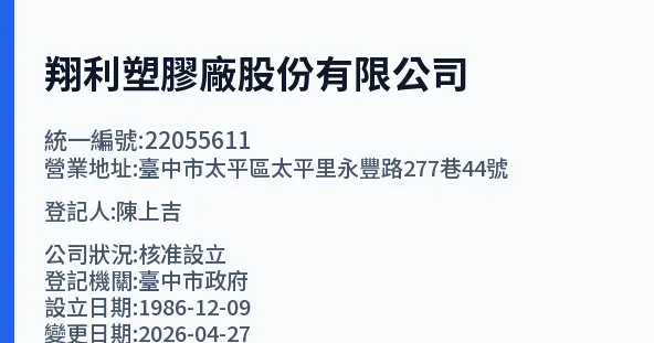翔利塑膠廠股份有限公司的照片-統編 22055611(臺中市) 公司登記資料與營業項目詳細圖表