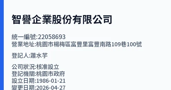 智譽企業股份有限公司的照片-統編 22058693(桃園市) 公司登記資料與營業項目詳細圖表