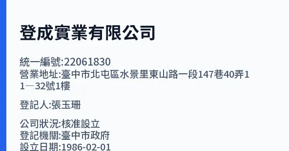 登成實業有限公司的照片-統編 22061830(臺中市) 公司登記資料與營業項目詳細圖表