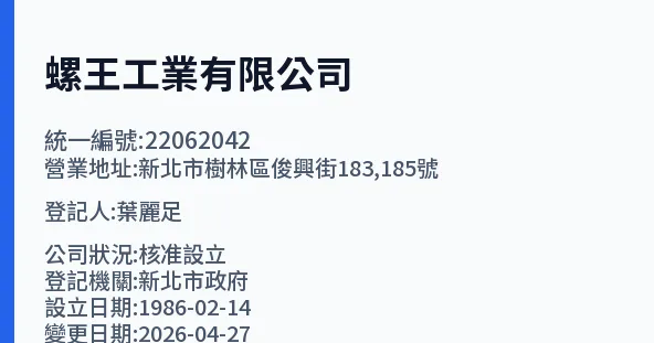 螺王工業有限公司的照片-統編 22062042(新北市) 公司登記資料與營業項目詳細圖表