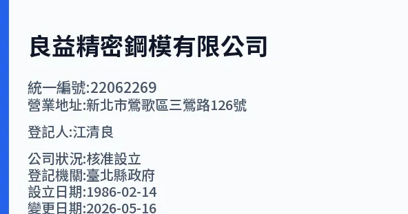 良益精密鋼模有限公司的照片-統編 22062269(新北市) 公司登記資料與營業項目詳細圖表