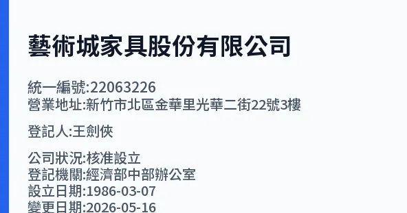 藝術城家具股份有限公司的照片-統編 22063226(新竹市) 公司登記資料與營業項目詳細圖表