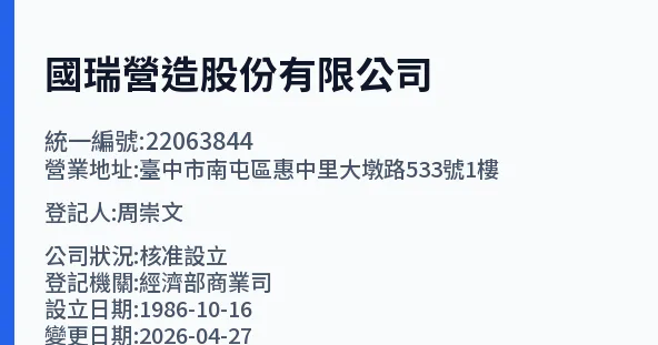 國瑞營造股份有限公司的照片-統編 22063844(臺中市) 公司登記資料與營業項目詳細圖表