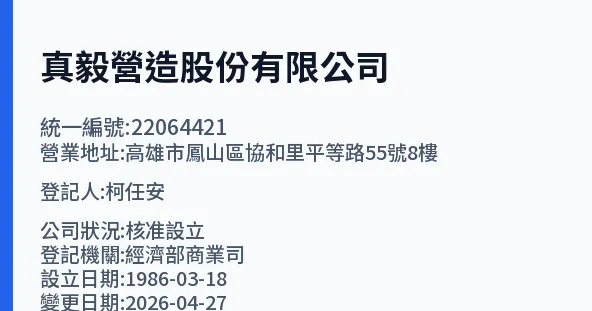真毅營造股份有限公司的照片-統編 22064421(高雄市) 公司登記資料與營業項目詳細圖表
