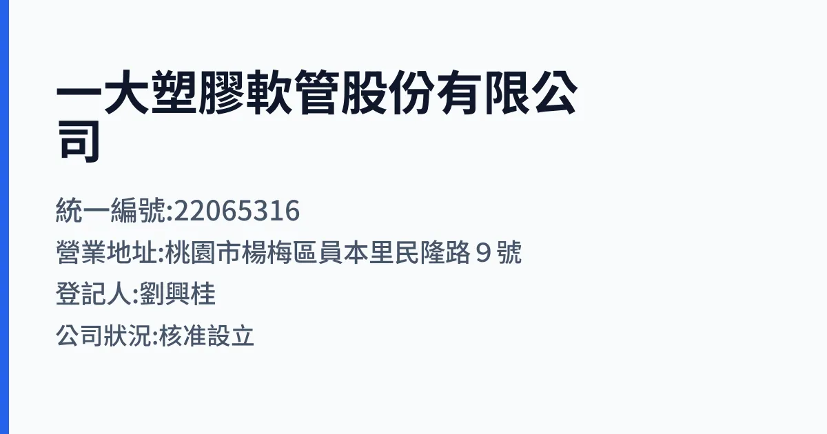 一大塑膠軟管股份有限公司 - 統編 22065316(桃園市) 公司登記資料與營業項目詳細圖表