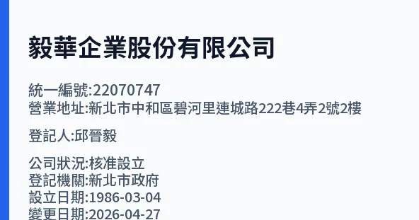 毅華企業股份有限公司的照片-統編 22070747(新北市) 公司登記資料與營業項目詳細圖表