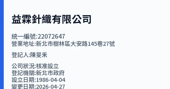 益霖針織有限公司的照片-統編 22072647(新北市) 公司登記資料與營業項目詳細圖表