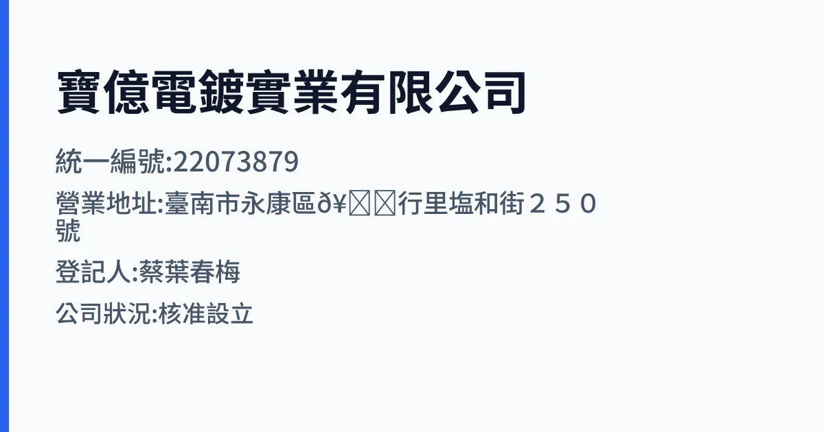 寶億電鍍實業有限公司 - 統編 22073879(臺南市) 公司登記資料與營業項目詳細圖表