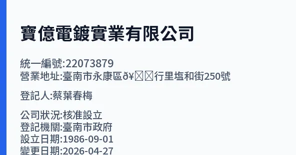 寶億電鍍實業有限公司的照片-統編 22073879(臺南市) 公司登記資料與營業項目詳細圖表