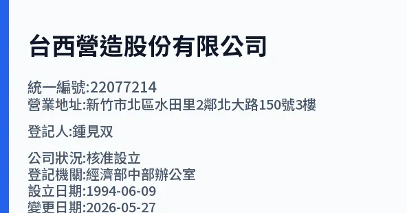 台西營造股份有限公司的照片-統編 22077214(新竹市) 公司登記資料與營業項目詳細圖表