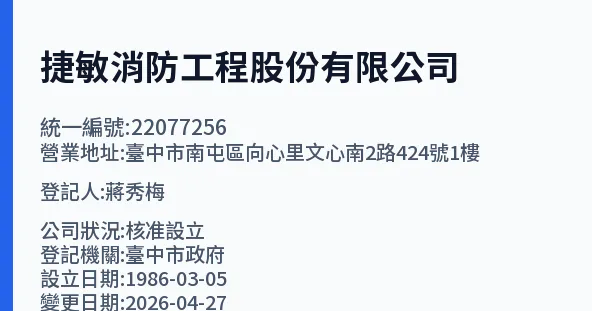 捷敏消防工程股份有限公司的照片-統編 22077256(臺中市) 公司登記資料與營業項目詳細圖表