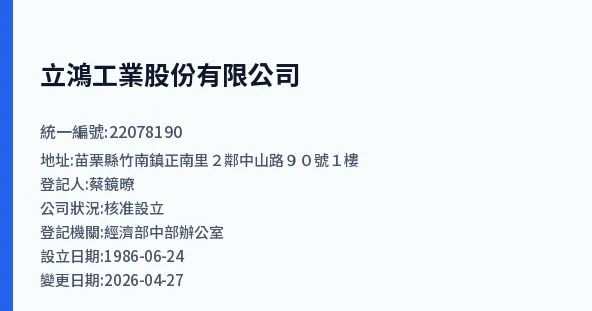 立鴻工業股份有限公司的照片-統編 22078190(苗栗縣) 公司登記資料與營業項目詳細圖表
