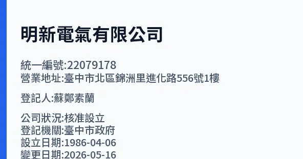 明新電氣有限公司的照片-統編 22079178(臺中市) 公司登記資料與營業項目詳細圖表