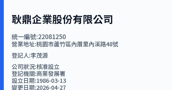 耿鼎企業股份有限公司的照片-統編 22081250(桃園市) 公司登記資料與營業項目詳細圖表