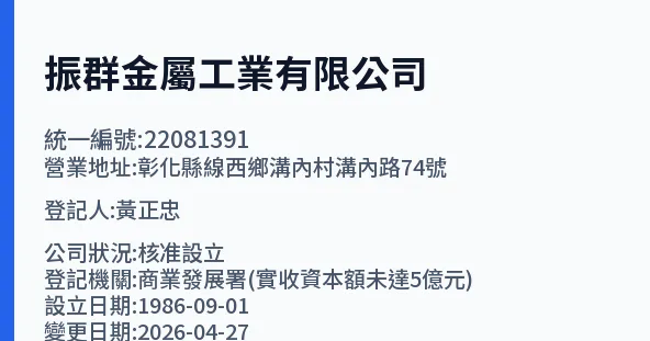 振群金屬工業有限公司的照片-統編 22081391(彰化縣) 公司登記資料與營業項目詳細圖表